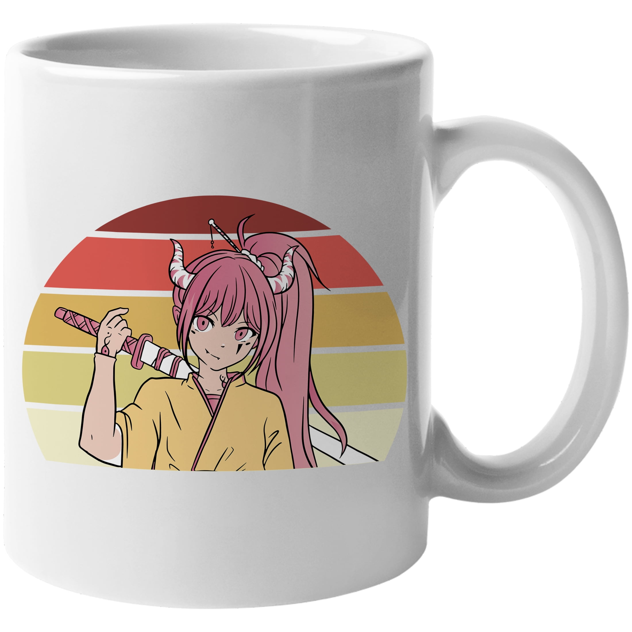 Anime Girl with Katana and Retro Half Circle, White 11oz Ceramic Mug ...