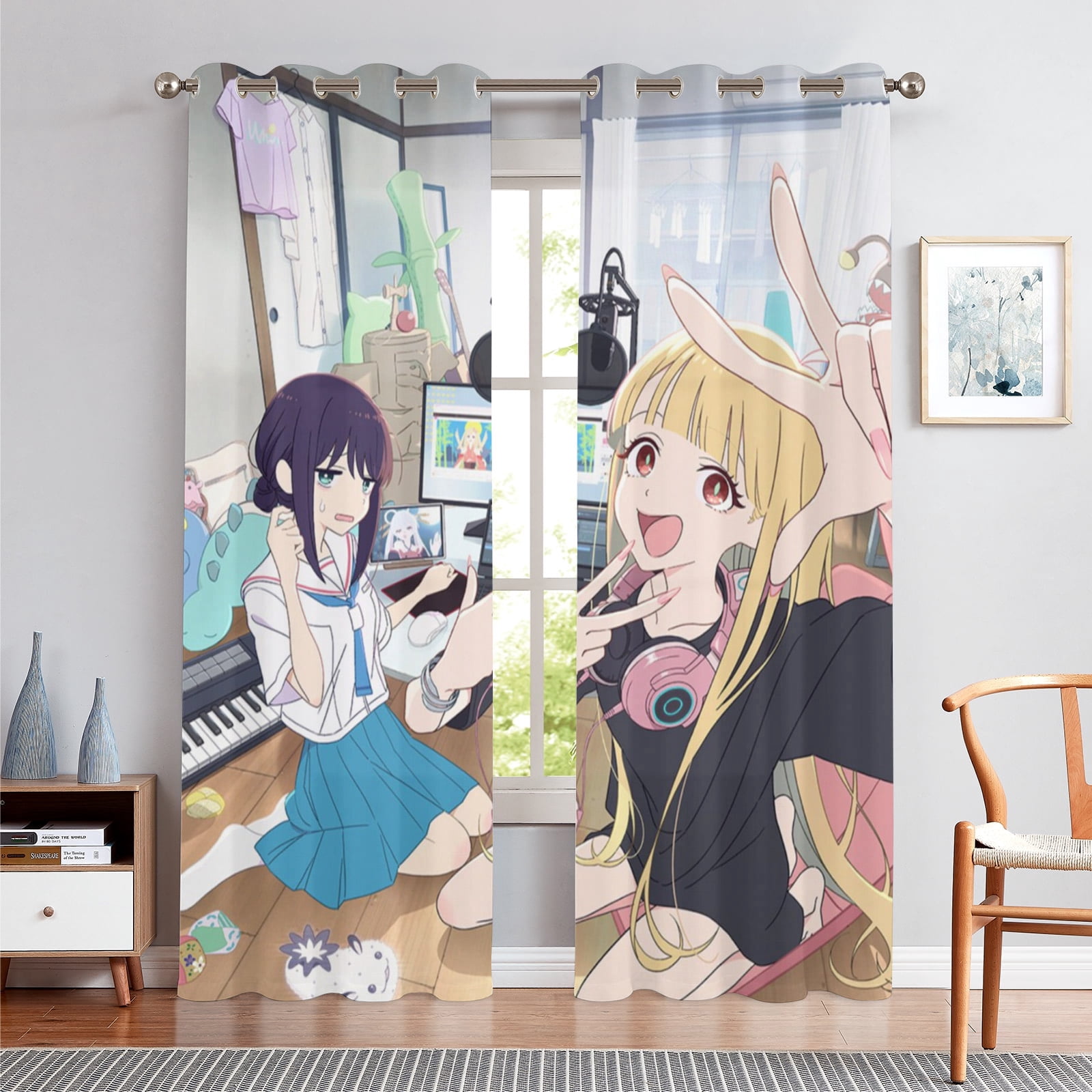 Anime Girls in Music Studio Window Curtains, Otaku Blackout Drapes 2 ...