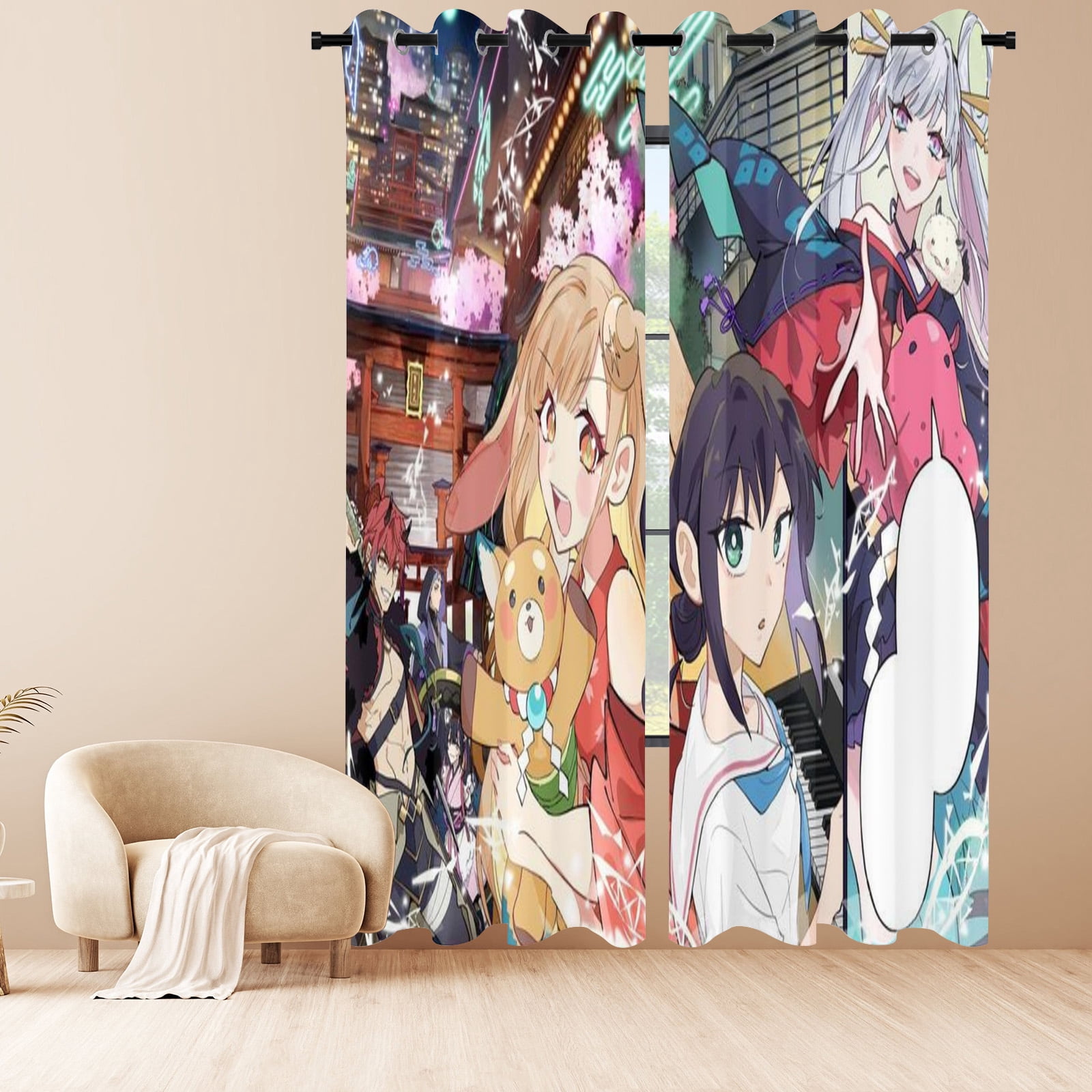 Anime Girls in Tokyo Night Cherry Blossom Shrine Window Curtains ...