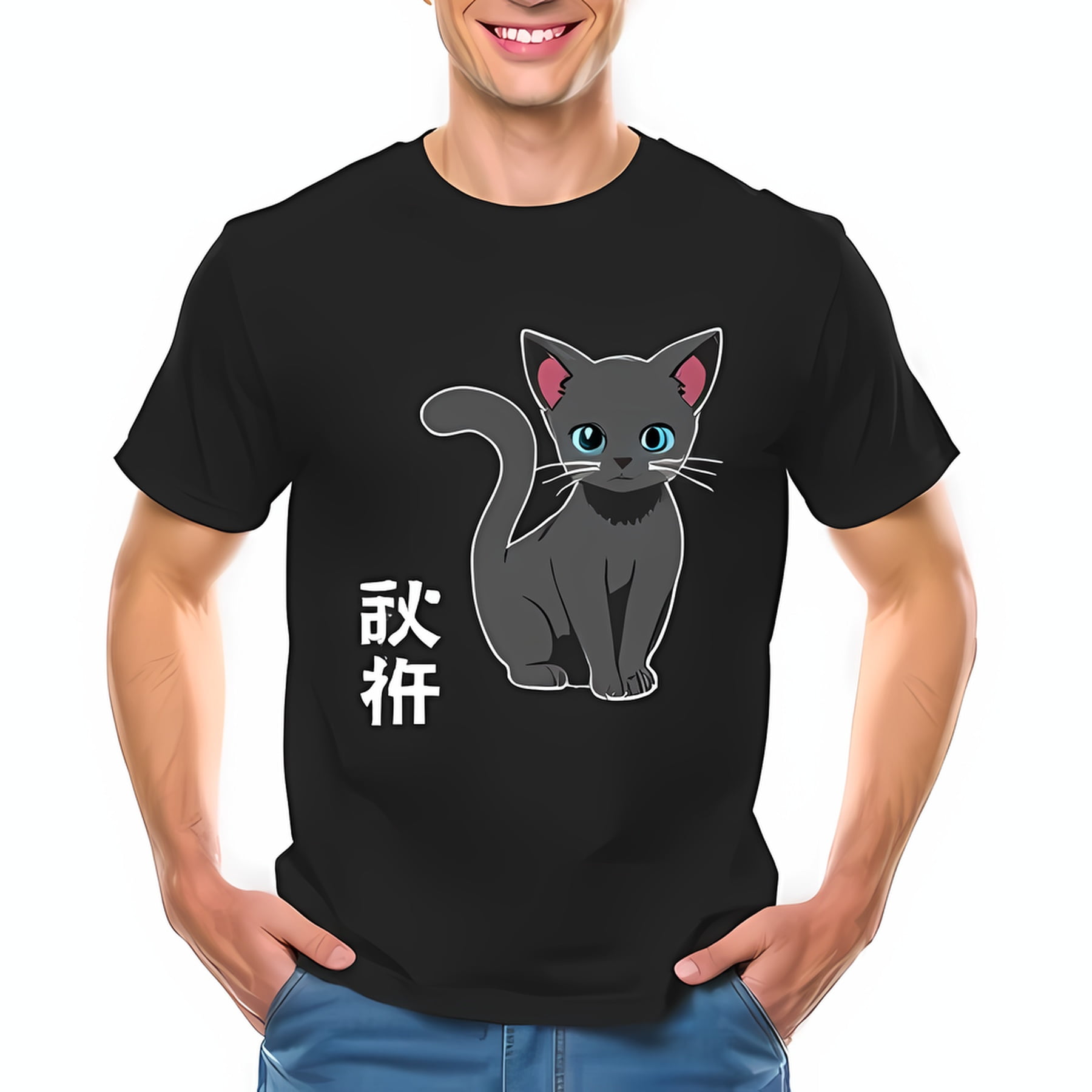 Anime Gray Cat T-Shirt with Blue Eyes and Japanese Characters - Stylish ...