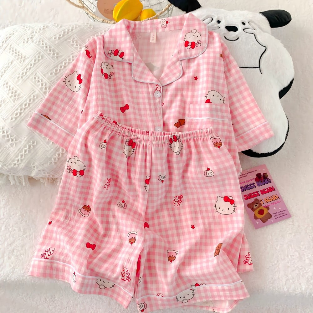 Anime Hello Kitty Pajamas Set Sanrio Woman S Loungewear Cartoon Sweet