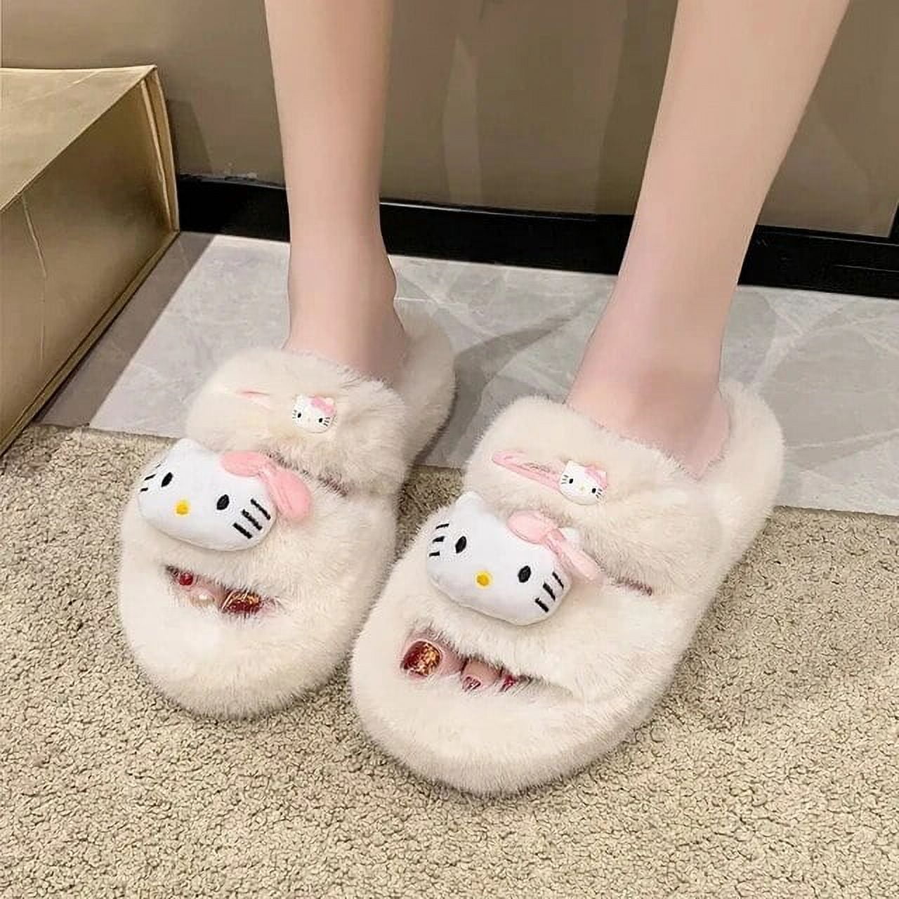 Anime Hello Kitty Plush Slippers Women Sanrioed Kawaii Thick Bottom ...