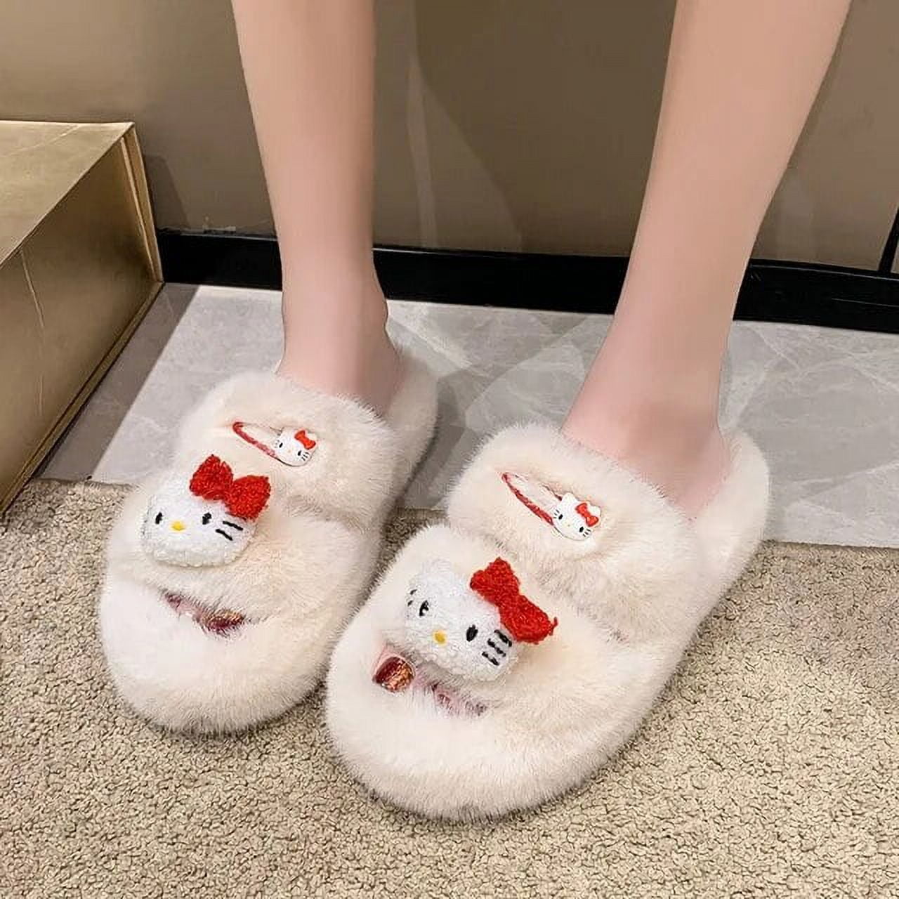 Anime Hello Kitty Plush Slippers Women Sanrioed Kawaii Thick Bottom ...