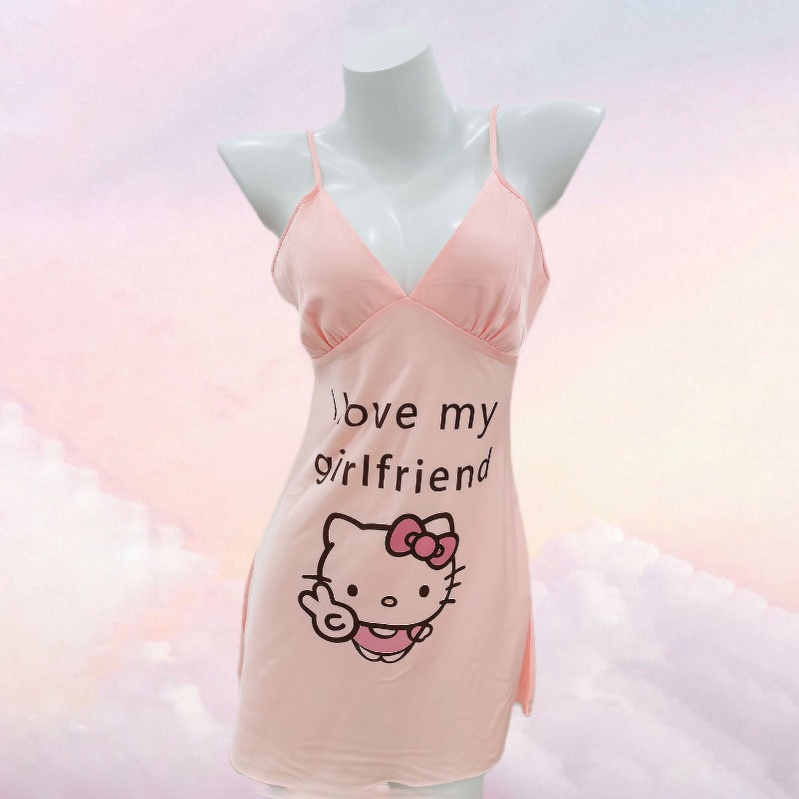 Anime Hello Kitty Sanrio Nightgown Summer New Hot Mulberry Silk One V ...