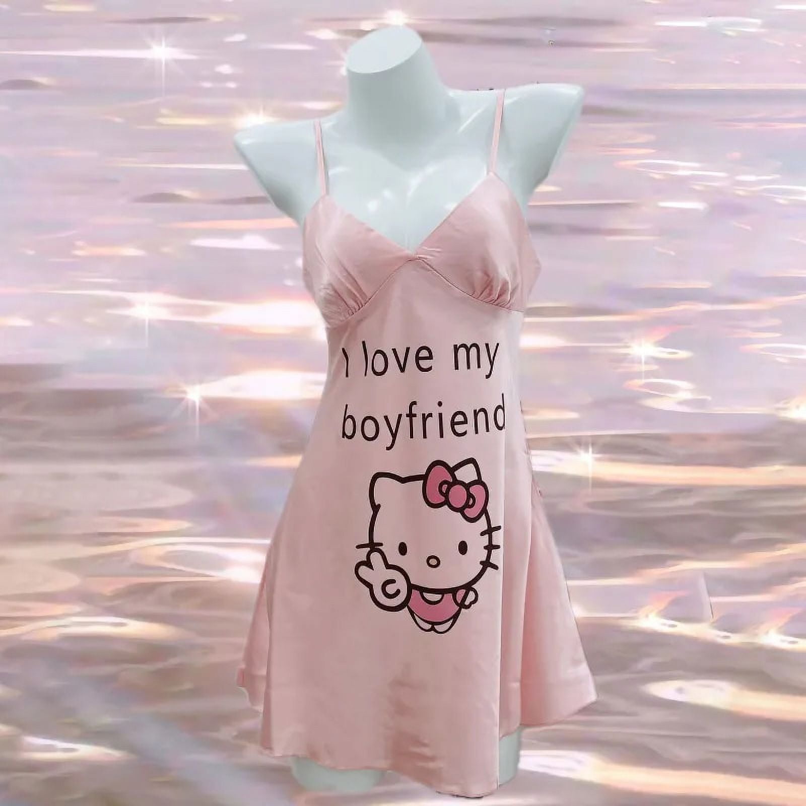 Anime Hello Kitty Sanrio Nightgown Summer New Hot Mulberry Silk One V ...
