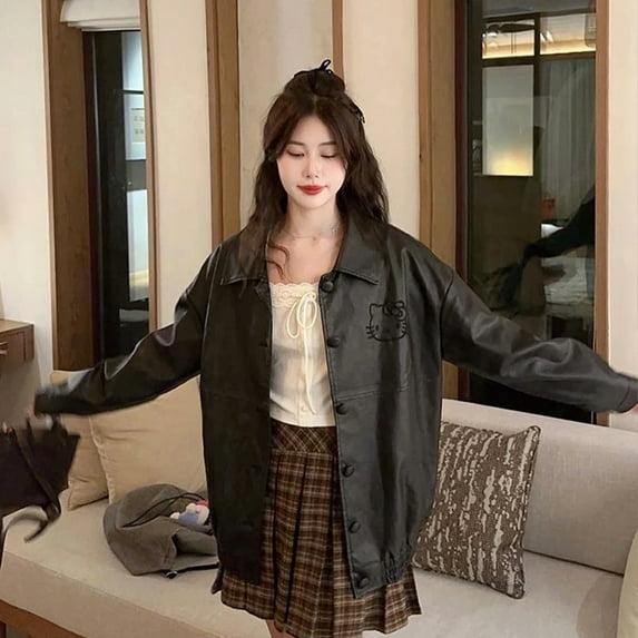 Anime Hello Kitty Women Vintage Embroidered Pu Leather Jacket Y2K ...