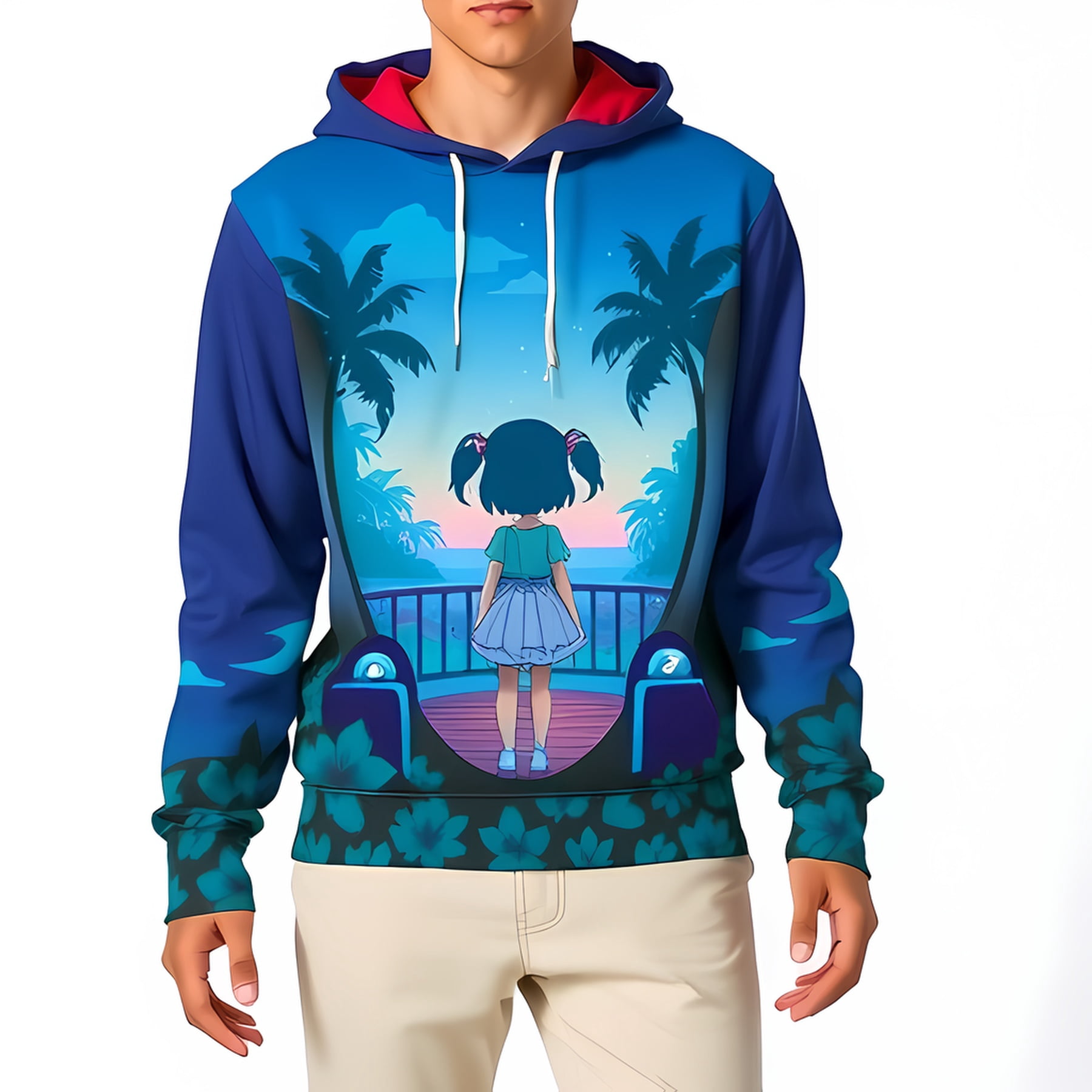 Anime-Inspired 3D Hoodie with Serene Coastal Scene & Floral Accents ...