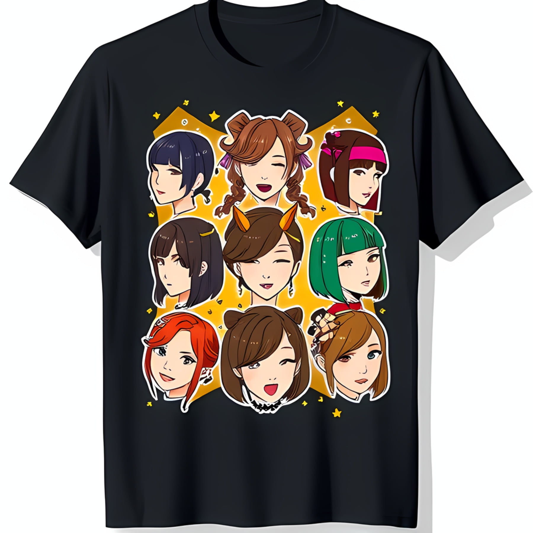 Anime Inspired Black T-Shirt with 9 Unique Female Characters in Vibrant ...