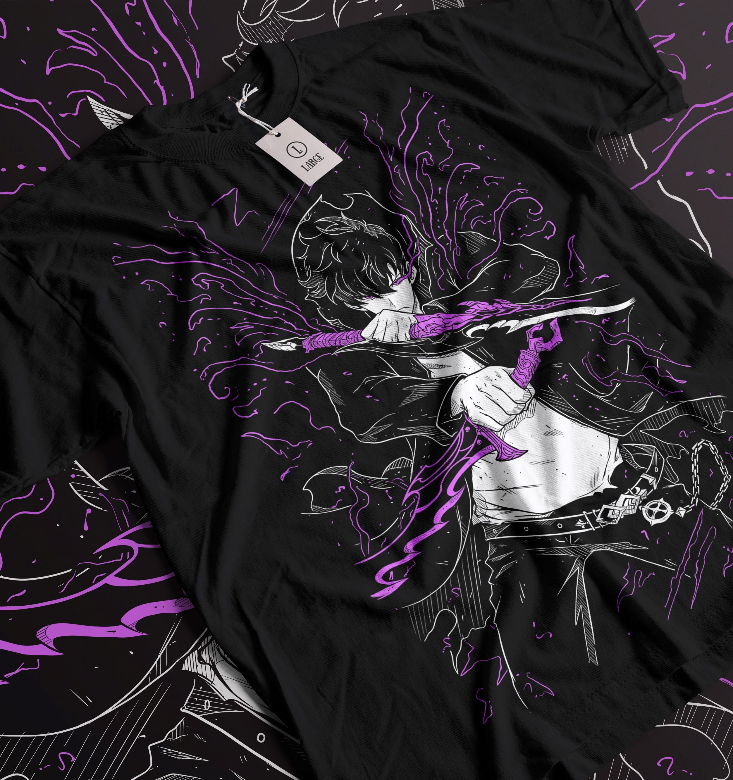 Anime-Inspired Shadow Blade T-Shirt, Dark Fantasy Swordsman Graphic Tee ...