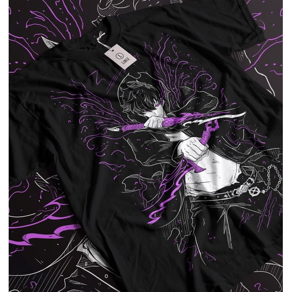 Anime-Inspired Shadow Blade T-Shirt, Dark Fantasy Swordsman Graphic Tee ...