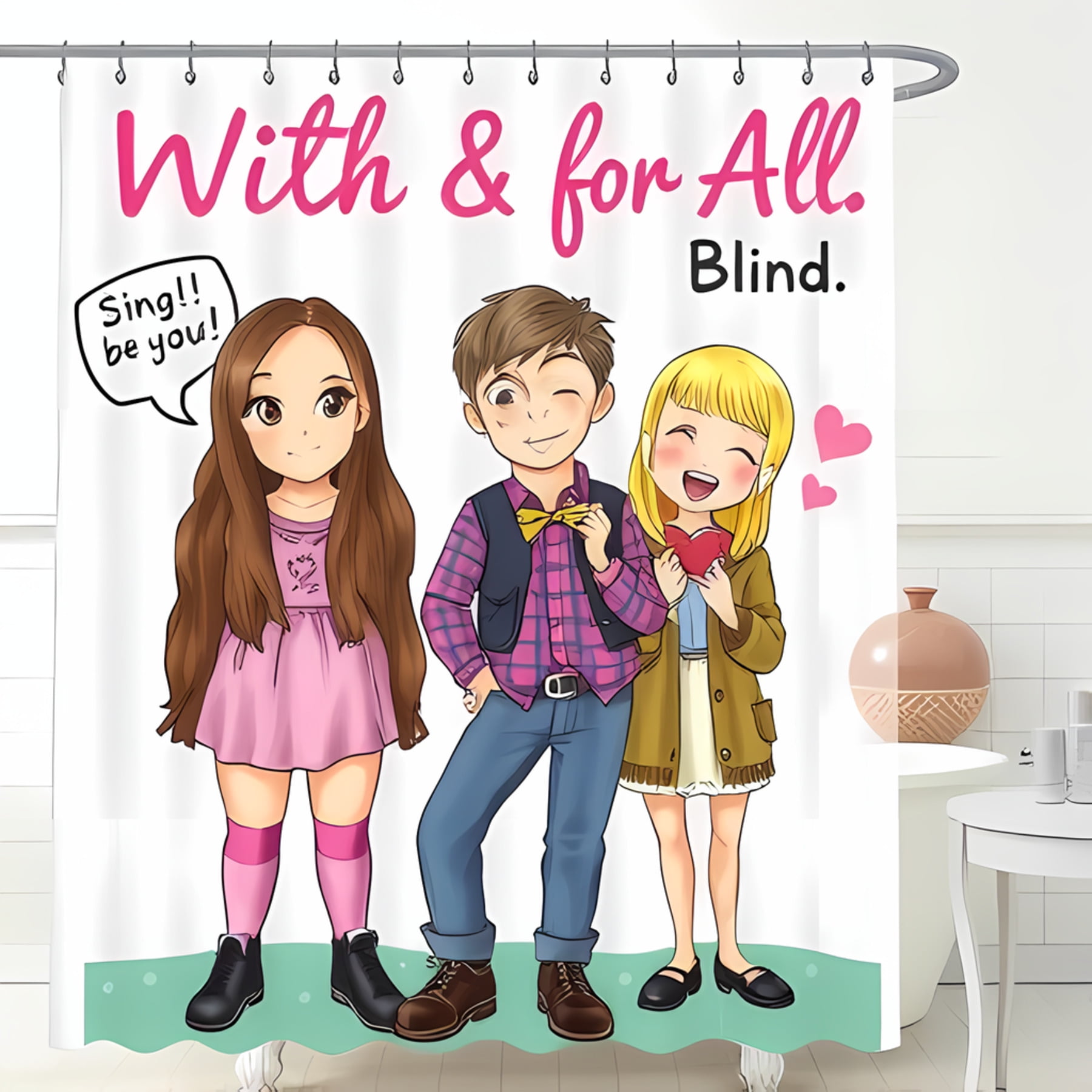 Anime Inspired Shower Curtain with 3 Cute Characters: Brown-Haired Girl ...