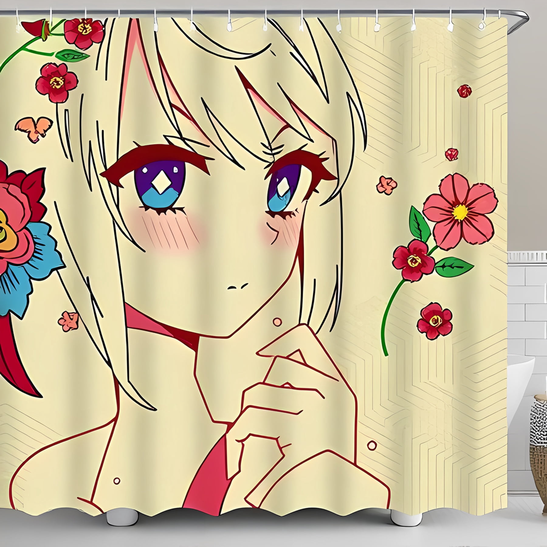 Anime-Inspired Shower Curtain with Floral Headdress - Playful Pastel ...