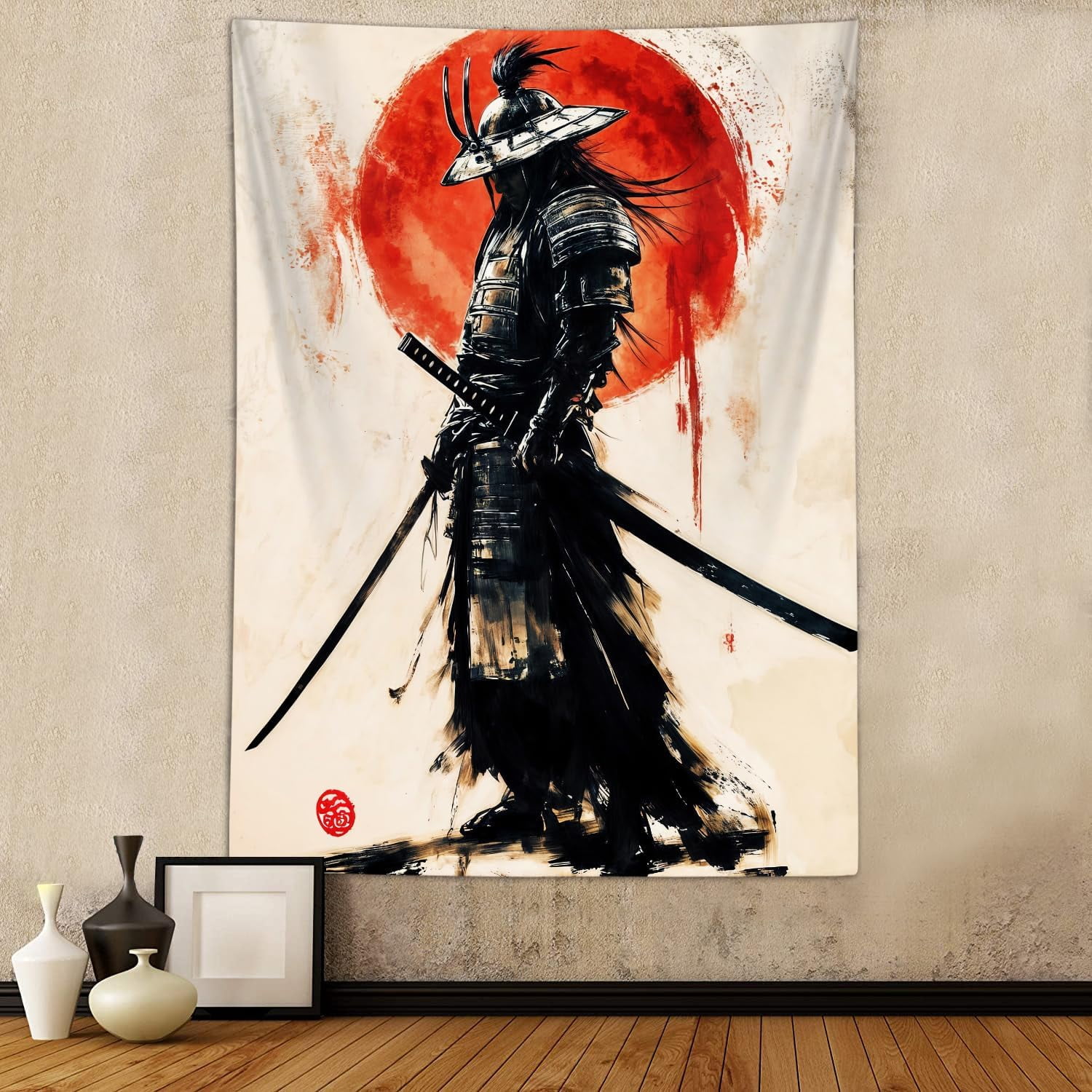 Anime Japanese Samurai Tapestry, Cool Japan Black and Red Sun Art ...