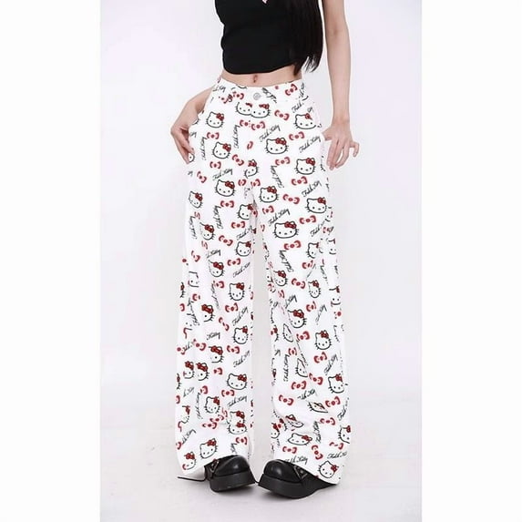 Anime Jeans Y2K Hello Kitty Sanrio Cartoon Women Loose Wide Leg Pants ...