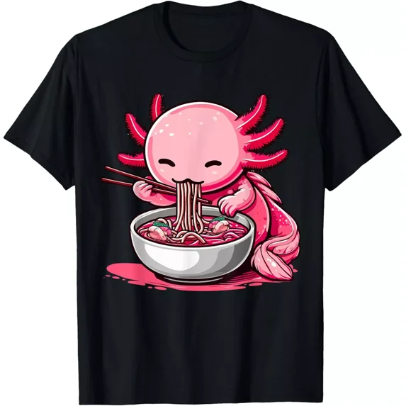 Anime Kawaii Axolotl Eating Ramen Noodles Foodie Art Graphic Tee Shirt ...