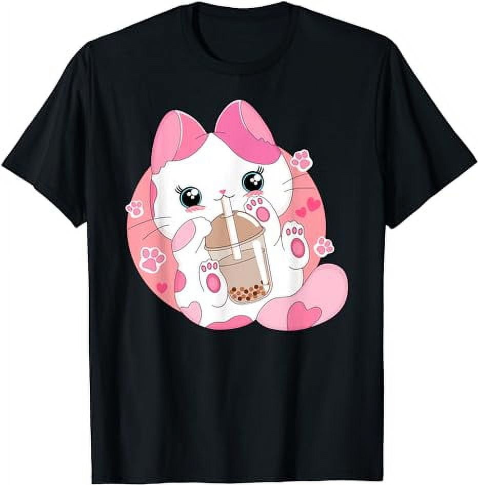 Anime Kawaii Cat Drinking Boba Bubble Tea Cute Japanese Neko T-Shirt ...