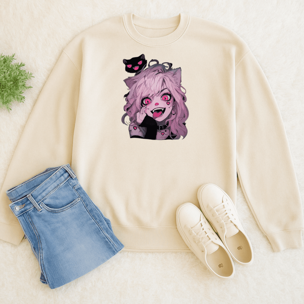 Anime Kawaii Gothic Cute Cat Ear Character Pink Hair Fun Art Sweatshirt ...