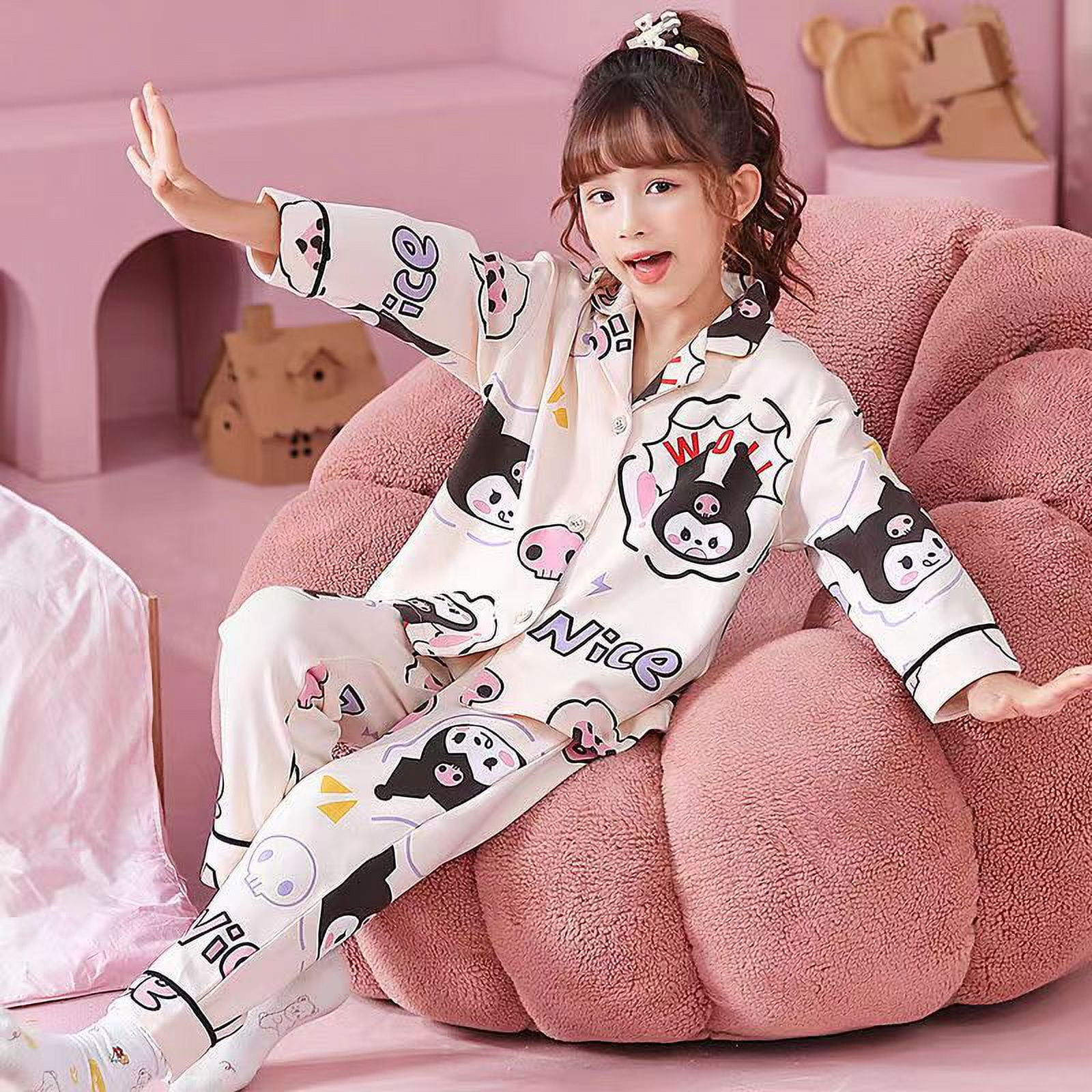 Anime Kawaii Sanrio Kuromi Children's Pajamas Set Girls Cute Long ...