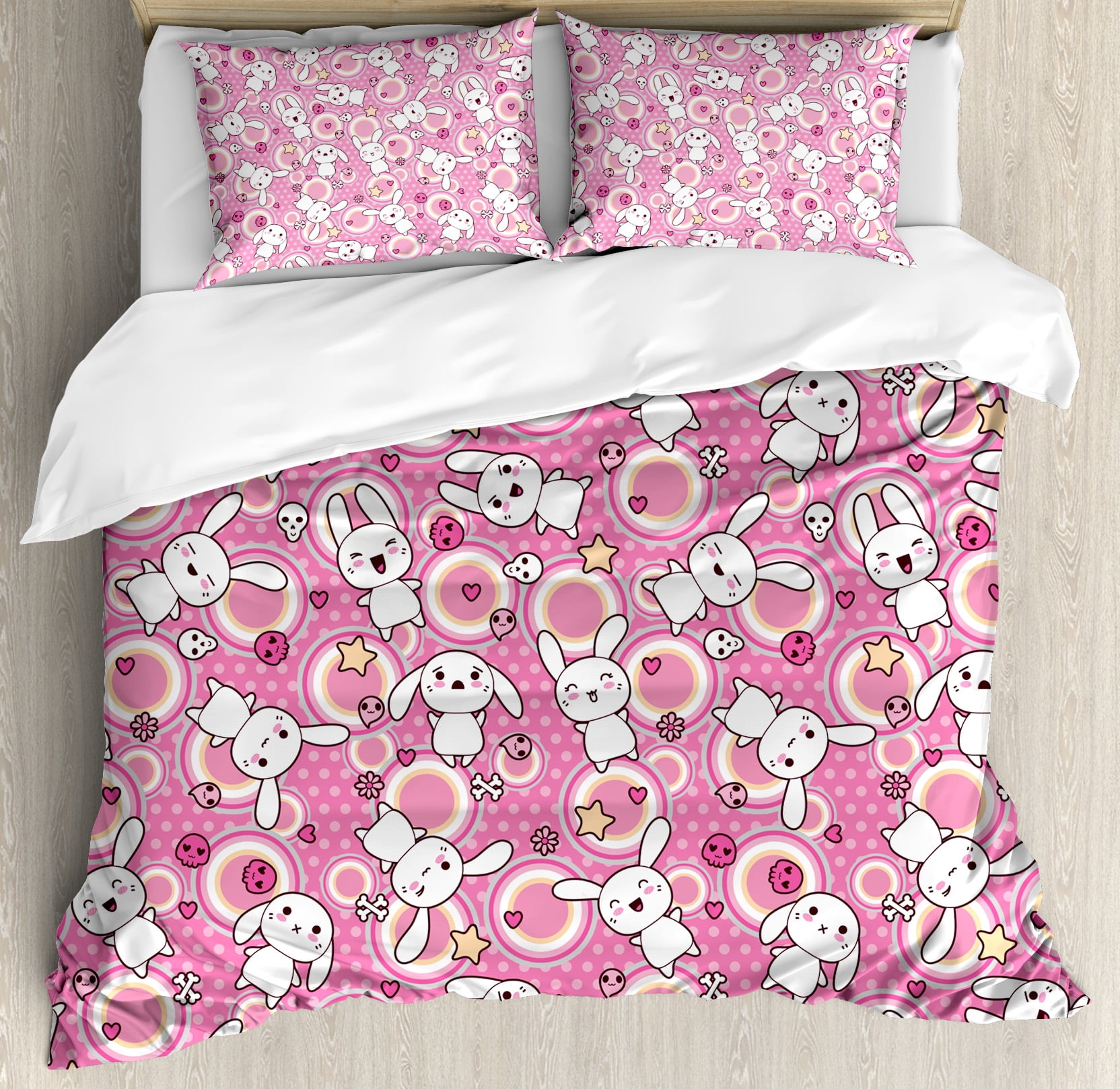 Anime King Size Duvet Cover Set, Funny Kawaii Illustration with Rabbits ...