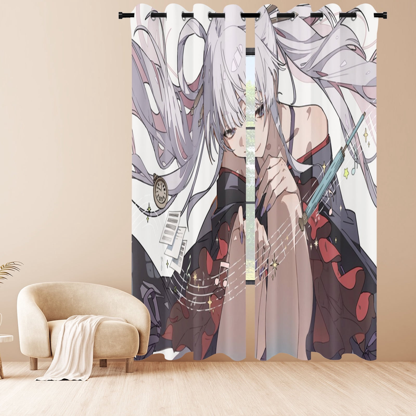 Anime Musician Girl with Pocket Watch Window Curtains, Melody Blackout ...