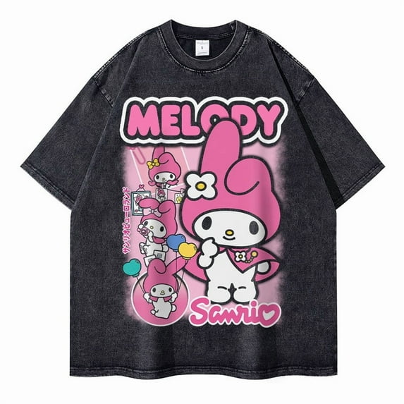 Anime My Melody T Shirt Vintage Washed Kuromi T-shirts Retro Streetwear ...