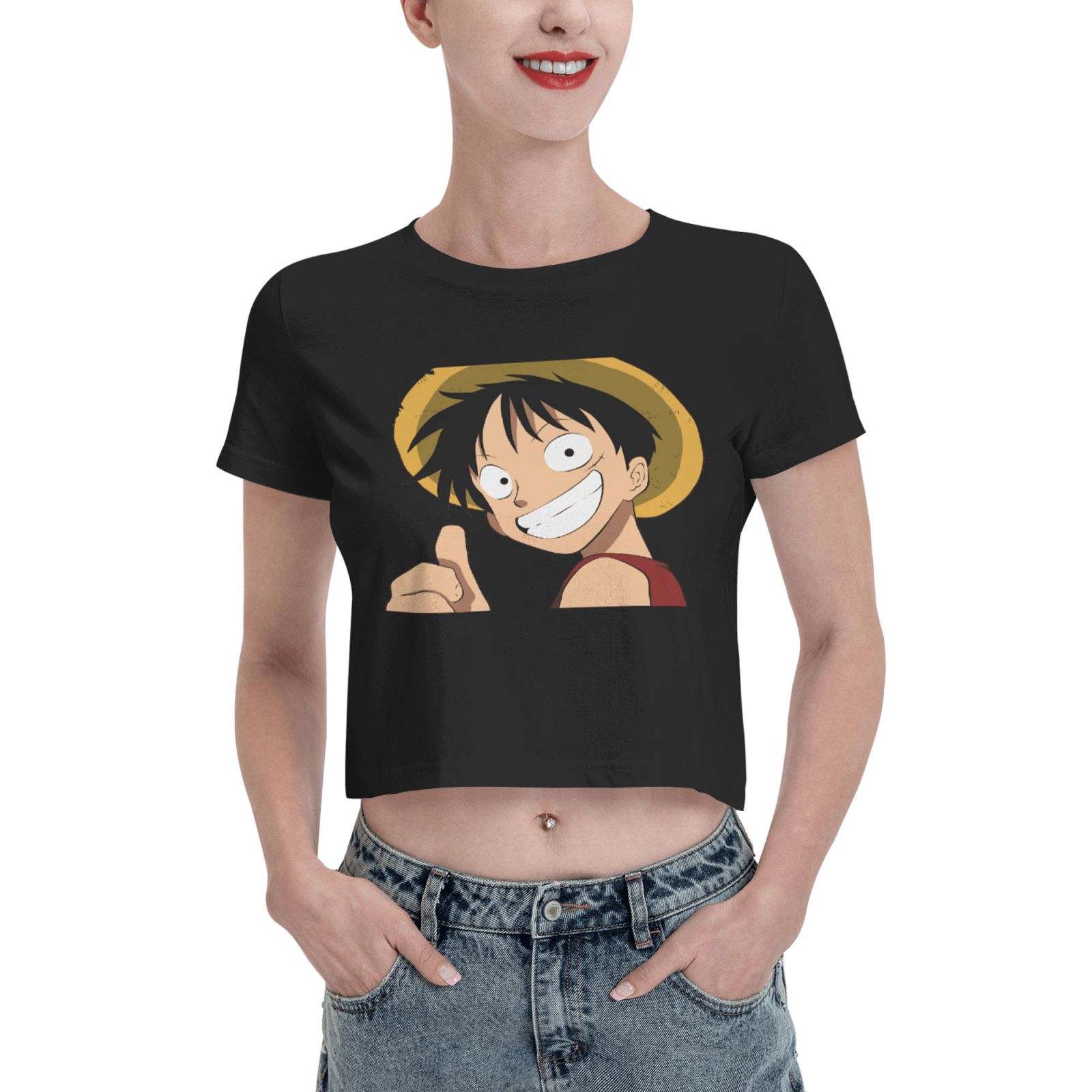 Anime One Piece Luffy Shirt Of Leak Navel T-shirt Black Hw01-Luffy011 ...