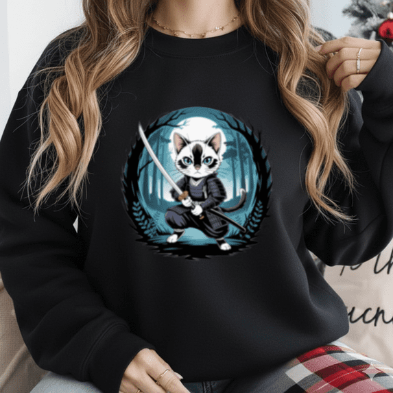 Anime Samurai Cat Warrior Katana Fantasy Holiday Fun Graphic Sweatshirt ...