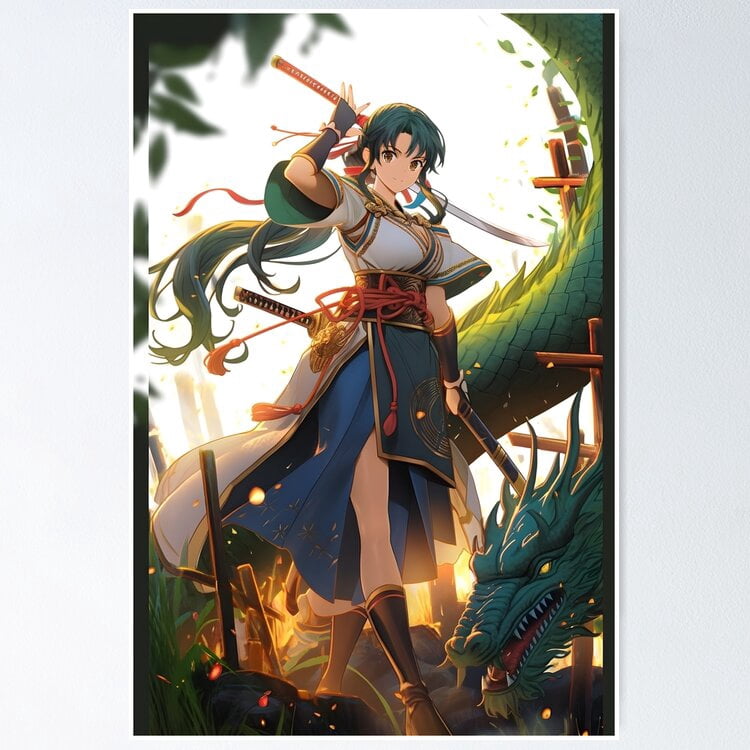 Anime Samurai Girl With Chinese Dragon Wall Art Warrior Decor, Unframed ...