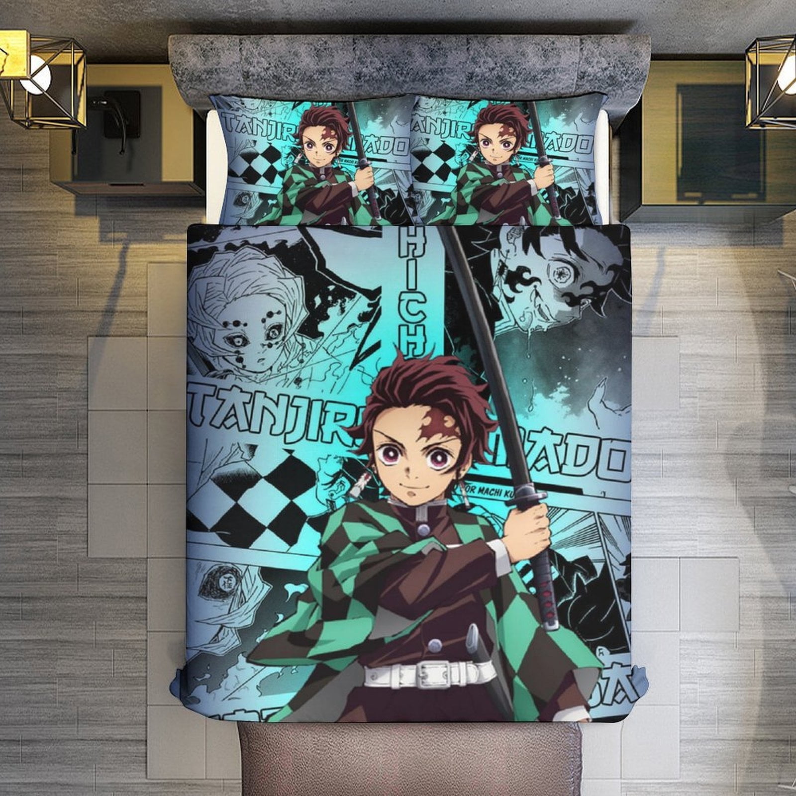 Anime Samurai Themed 3-Piece Bedding Set, Teal & Black Manga Print ...