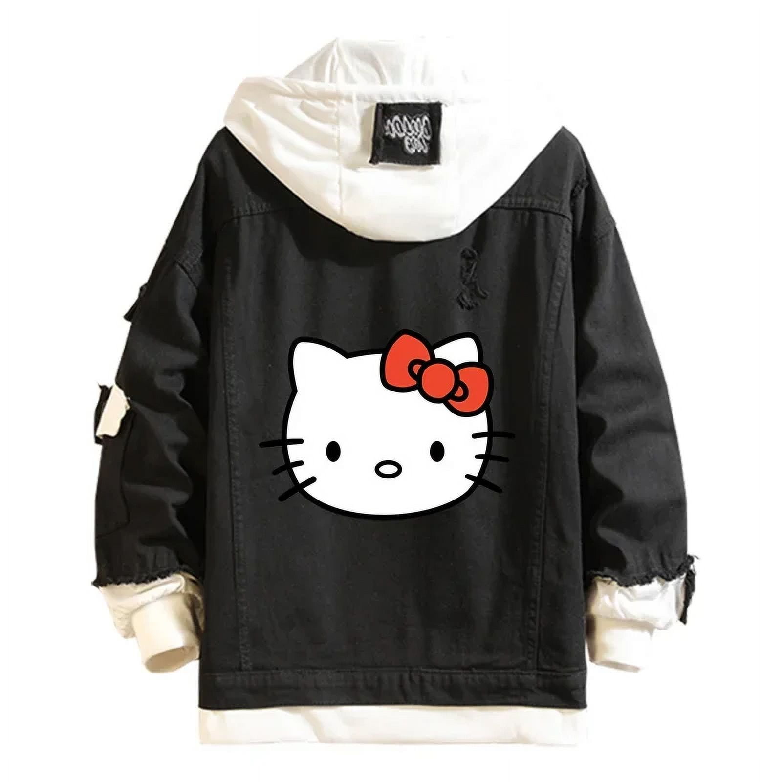 Anime Sanrio Denim Bomber Jacket Hello Kitty Hooded Jeans Sweatshirt ...