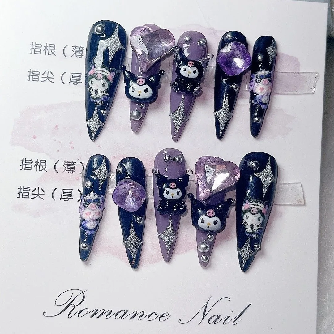 Anime Sanrio Hand-painted Wearable Nails Cute Y2K Purple Kuromi Nails ...