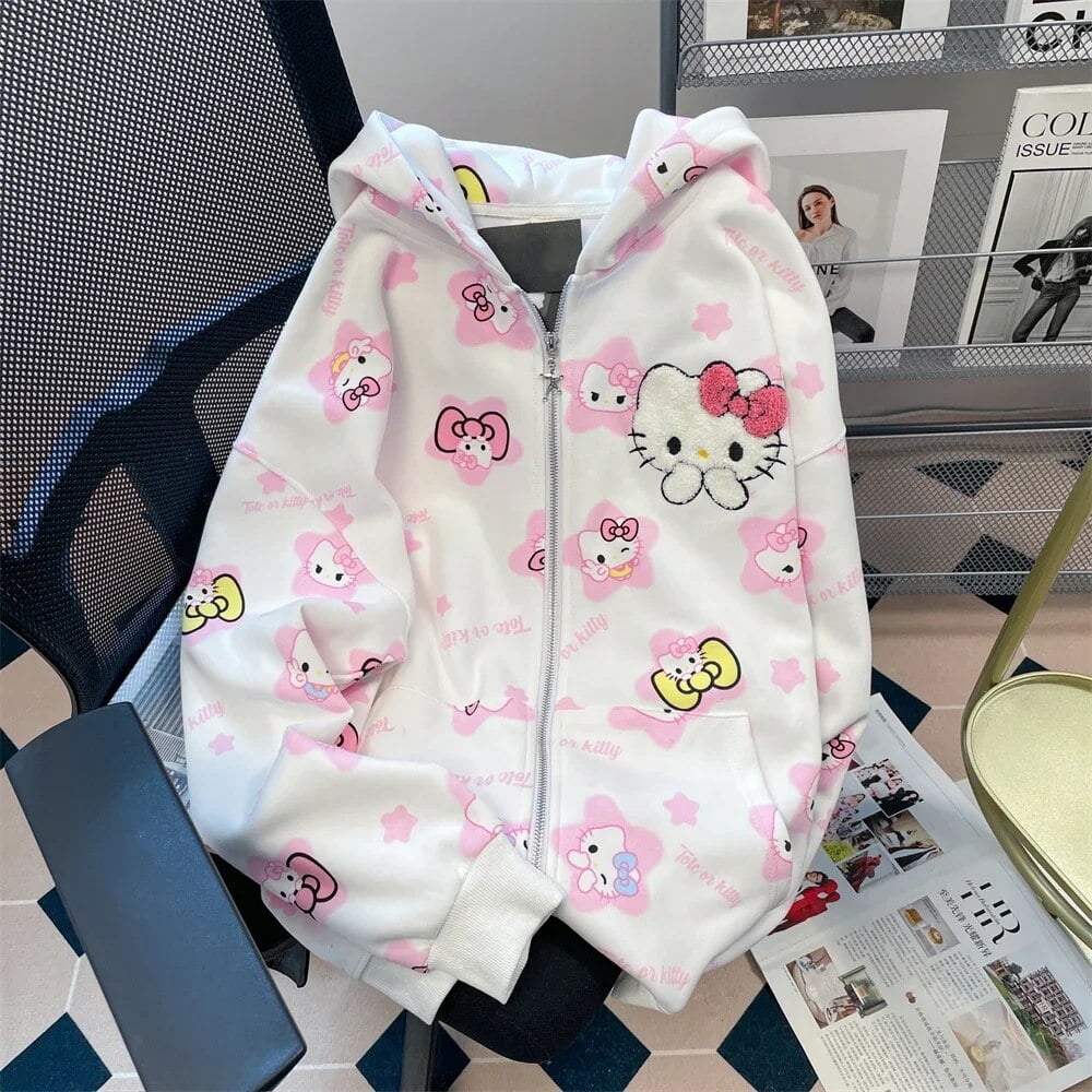 Anime Sanrio Hello Kitty Hooded Cardigan Jacket Kawaii Girl Autumn ...