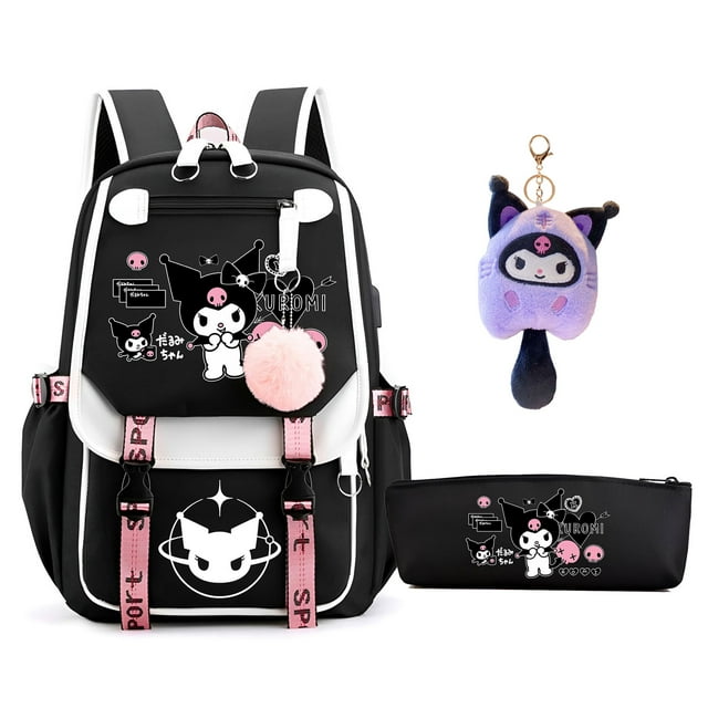 Anime Sanrio Kuromi Backpack with Plush Pendant, Kawaii Sanrio Backpack ...