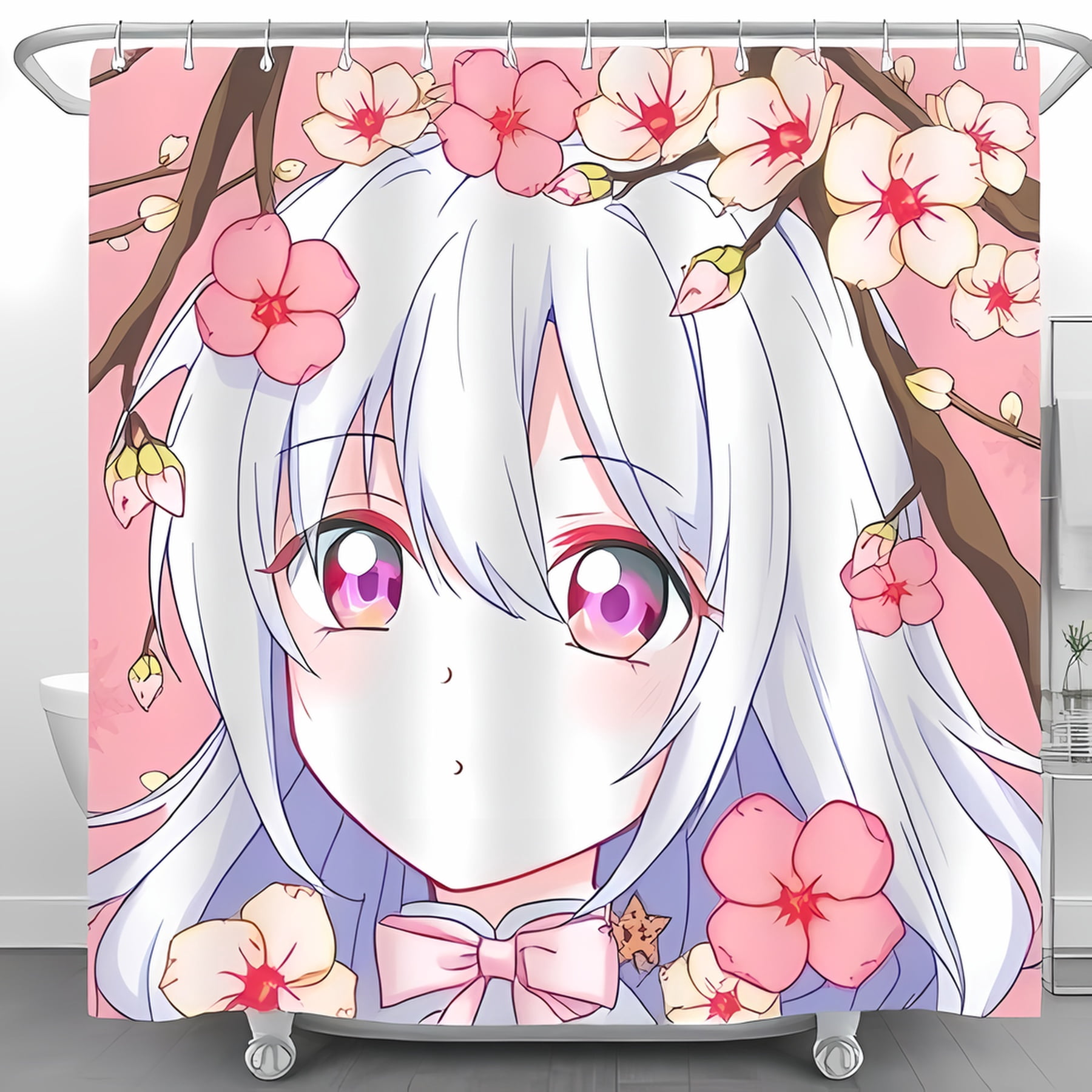Anime Shower Curtain - Charming Girl with White Hair & Cherry Blossoms ...