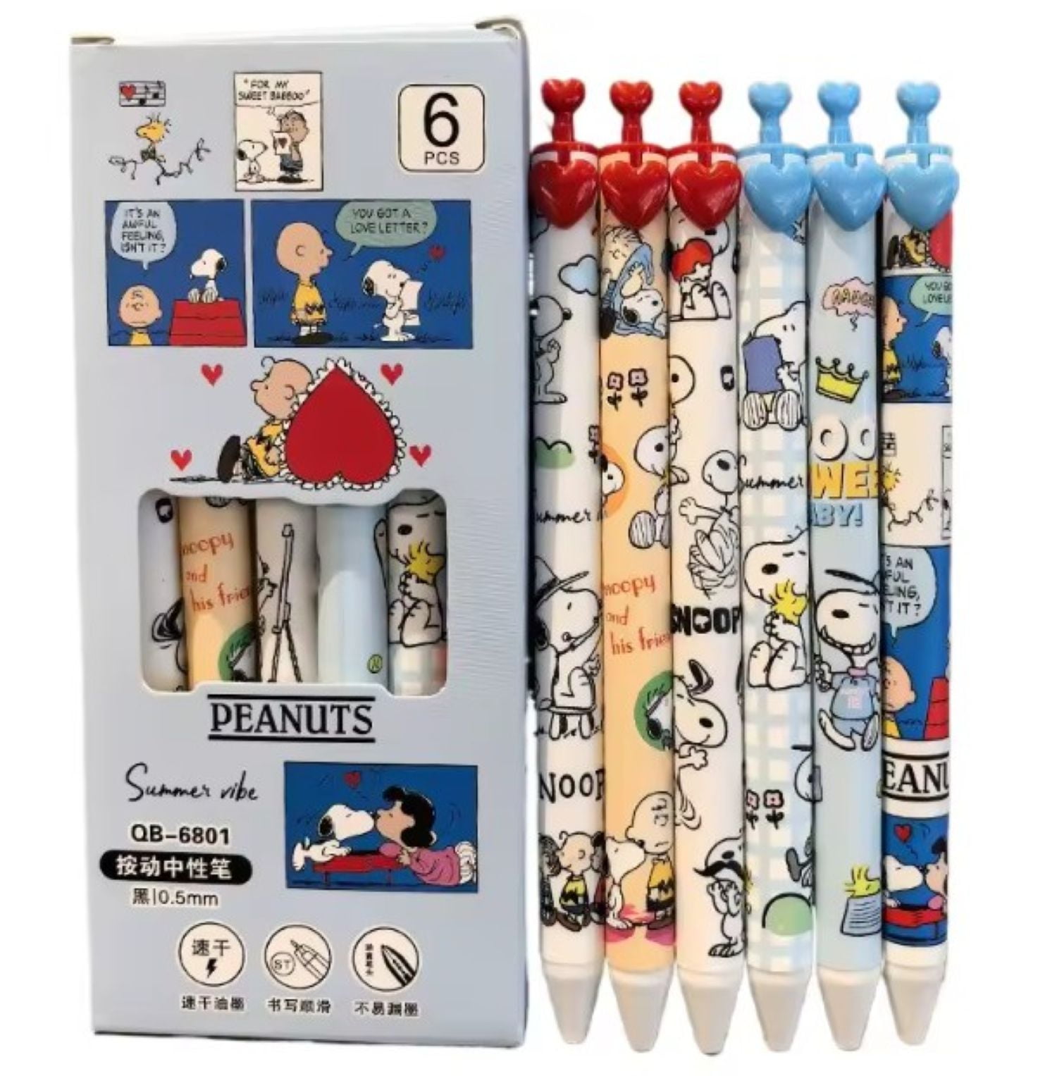 Cartoon Peanuts Pen Set – 6 Pcs Black Ink Gel Pens 0.5mm Cute Peanuts ...