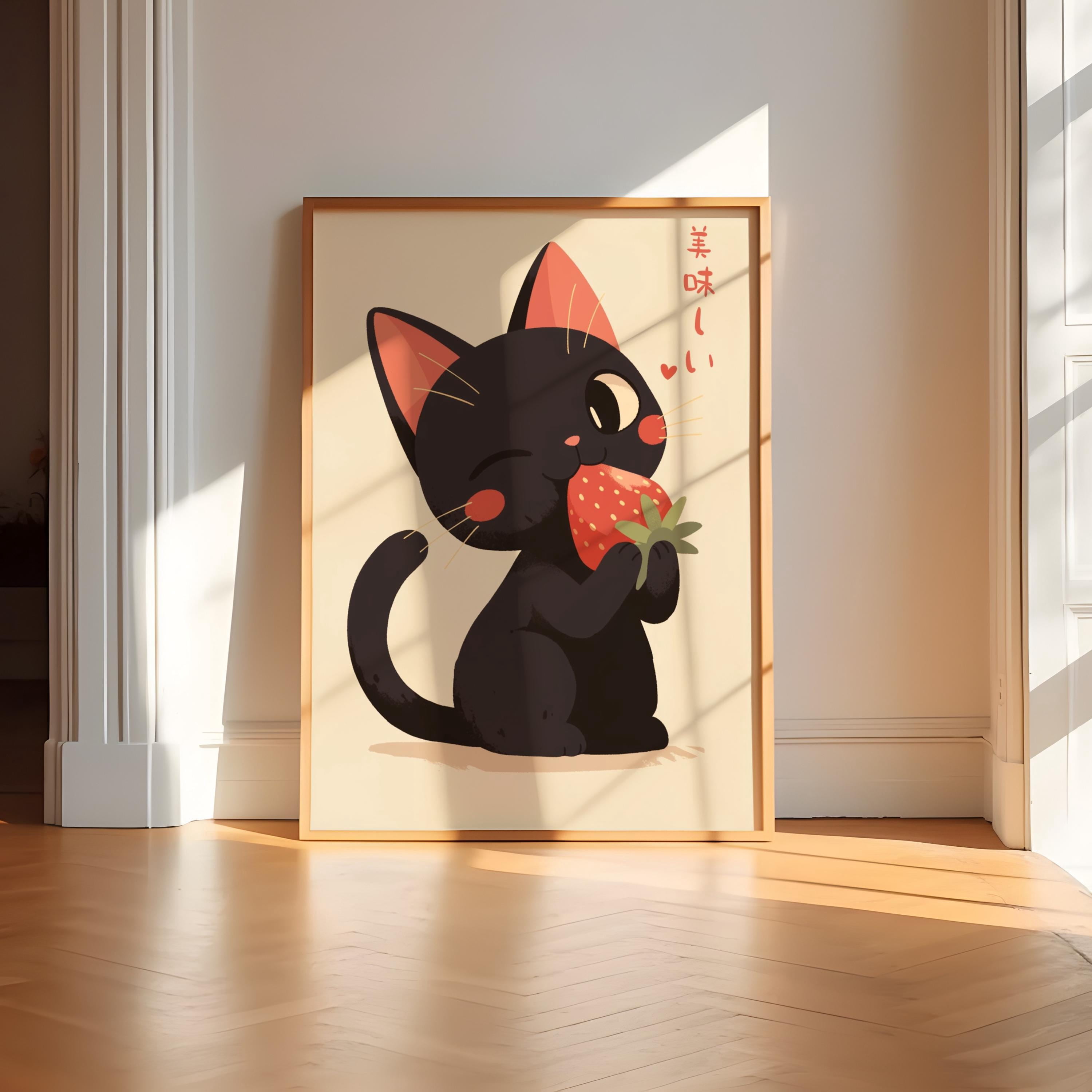 Anime Strawberry Cat Wall Art Japanese Fruit Cat Poster Japanese Oishii ...