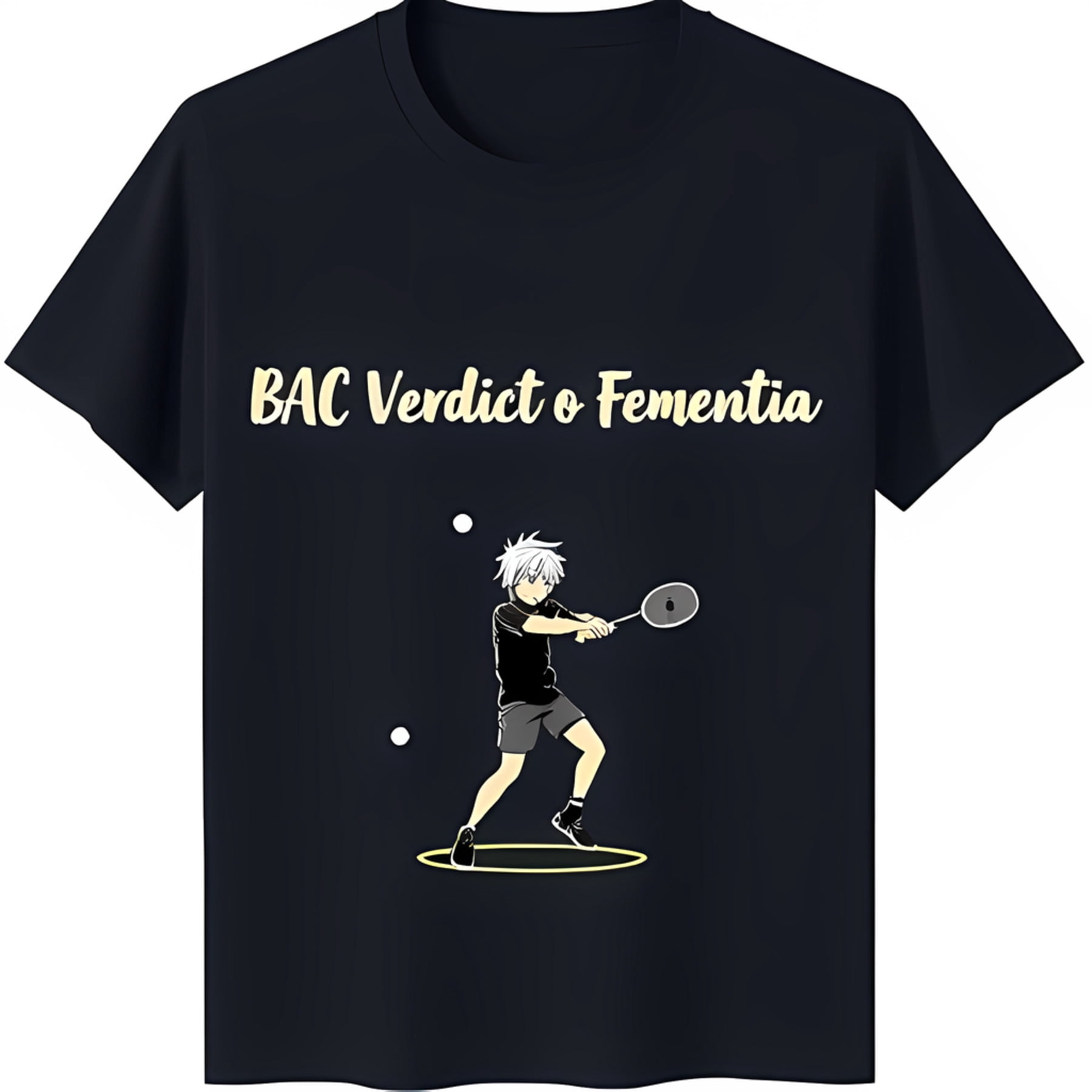 Anime Style Badminton Player Black T-Shirt with Yellow 'BAC Verdict o ...