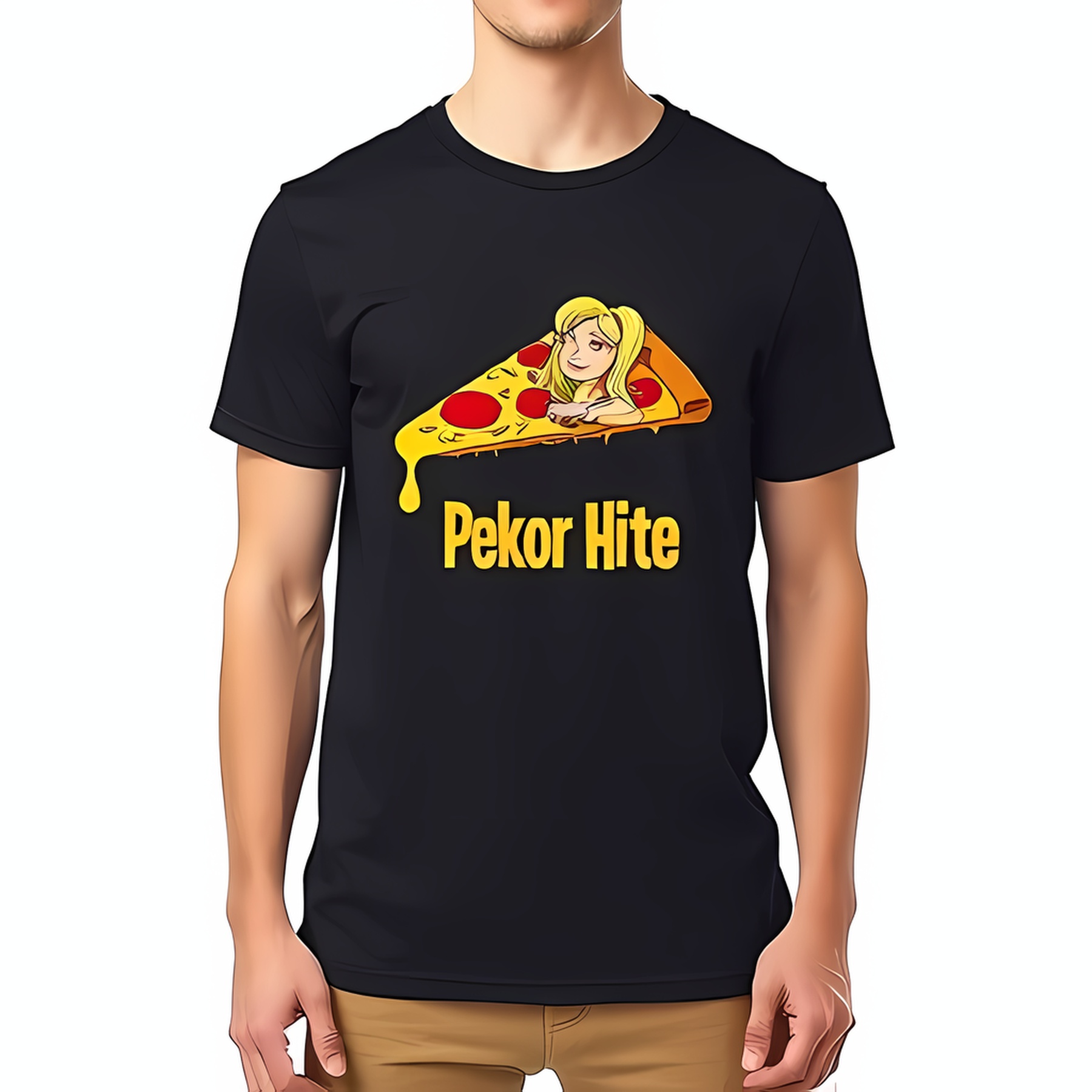 Anime-Style Black T-Shirt with Cartoon Pizza & Girl "Pekor Hite ...
