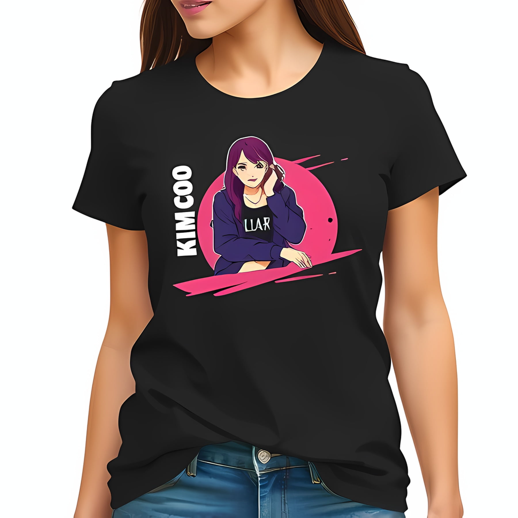 Anime Style Black T-Shirt with Purple Haired Girl Graphic "KIM COO ...