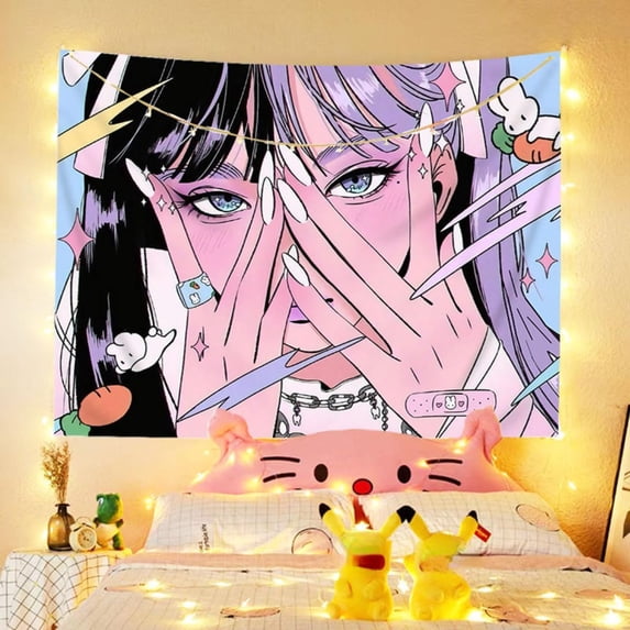 Anime Style Girl Pink Wall Tapestry Game Aesthetic Wall Hanging 60×50 ...