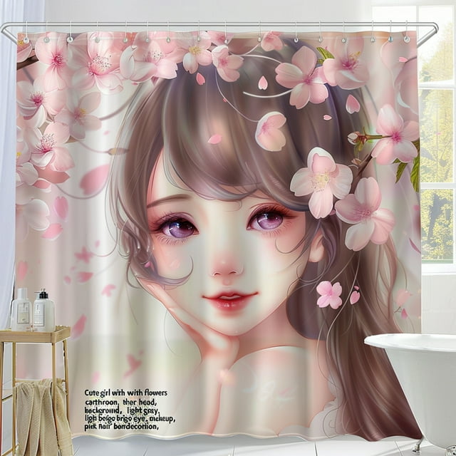 Anime Style Pink Cherry Blossom Girl Shower Curtain With Dreamy