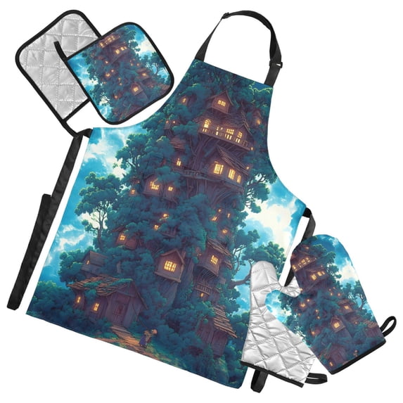 Anime Style Wooden House Oven Mitts and Pot Holders with Chef Apron Set ...
