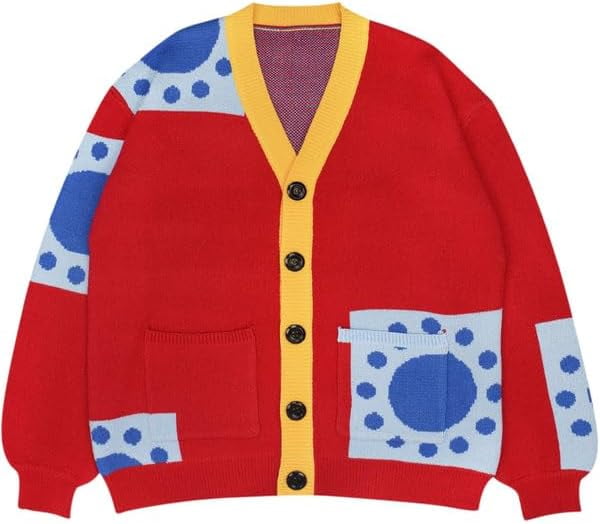 Anime Wano Luffy Red V-Neck Cardigan Sweater Long Sleeve Button Knit ...