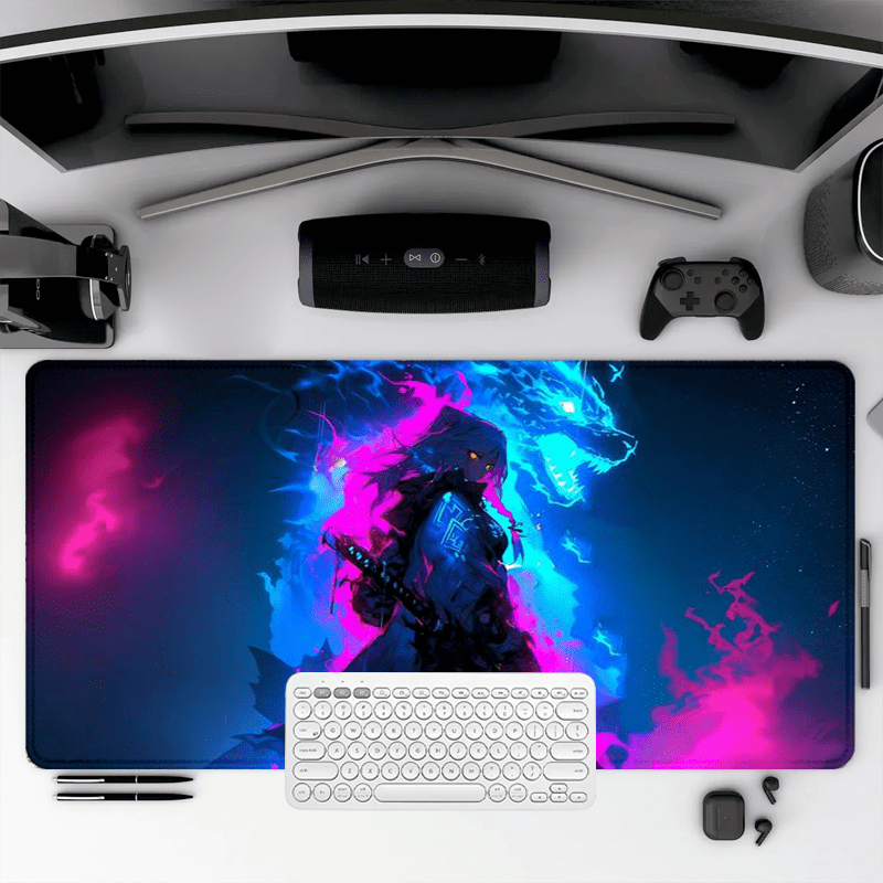 Anime Warrior and Neon Dragon Mouse Pad 35.4 x 15.8 inches Rubber Desk ...