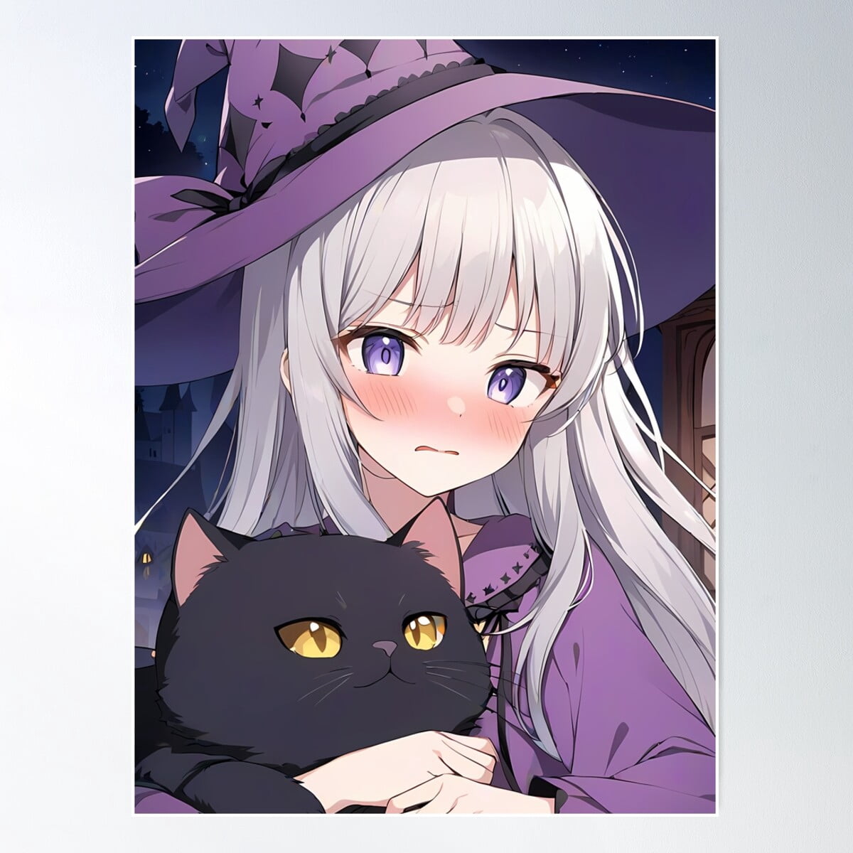 Anime Witch Girl With Purple Hat And Fat Cat Poster Wall Art, Modern ...