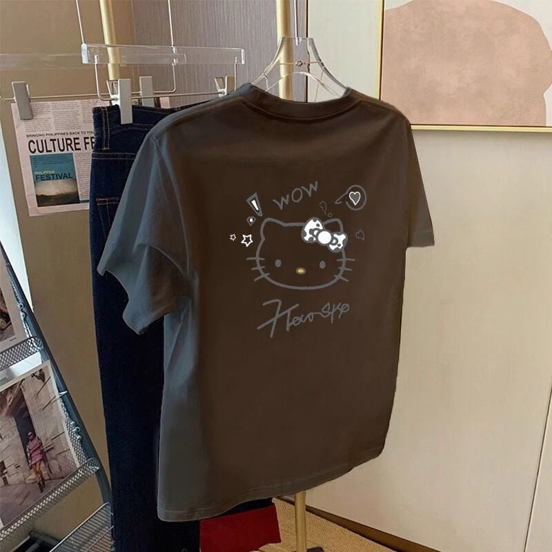 Anime Women T-Shirt Hello Kitty Summer Cartoon Cotton American Style ...