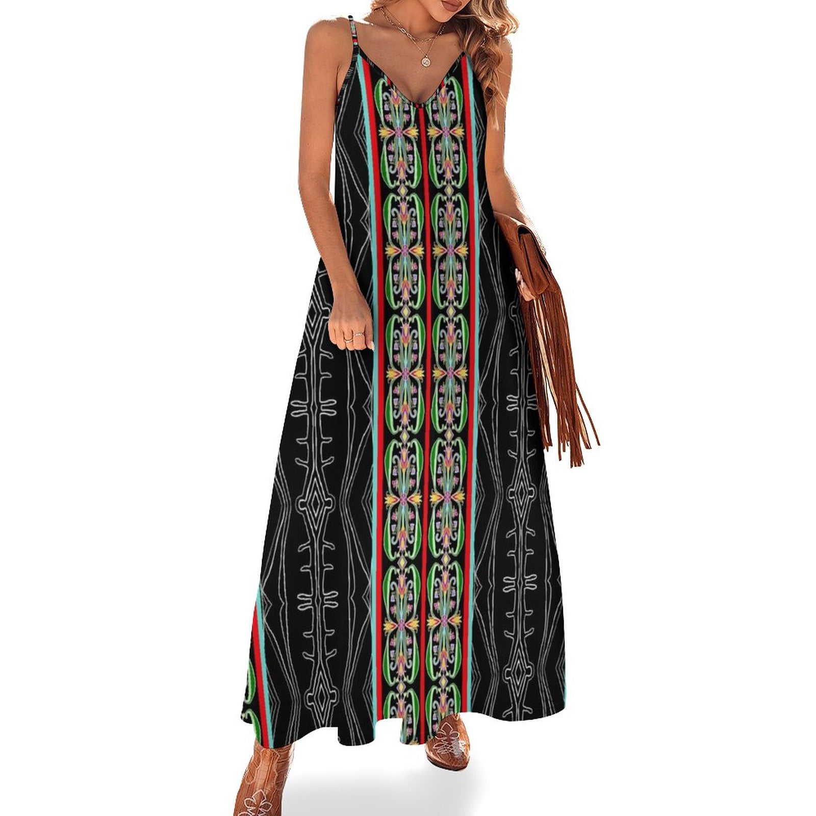 Anishinaabe Floral Ribbonwork Strip on Black Abstract Sleeveless Dress ...