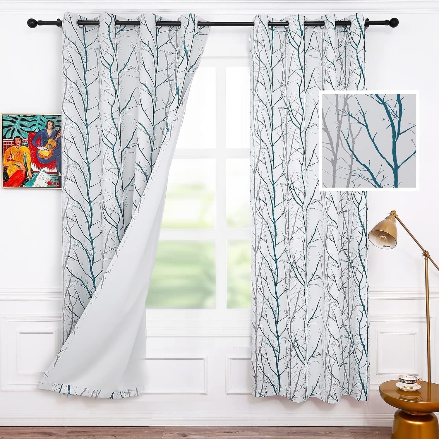 "Anjee Blackout Curtains, 96 Inches, 2 Set, Teal Tree Print, Window ...