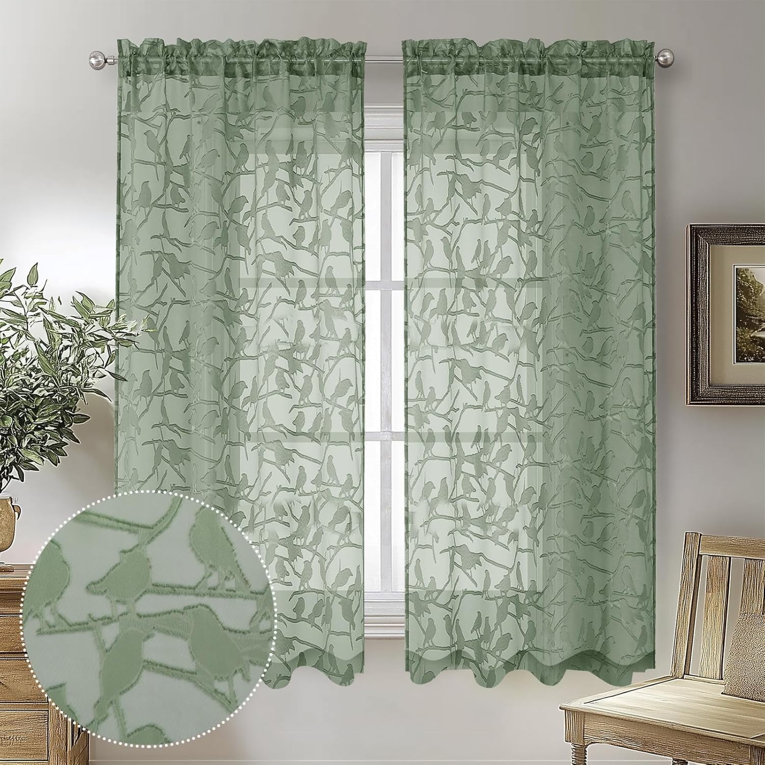 Anji Sage Green Sheer Curtains 54 Inches Long 2 Panels for Living Room ...