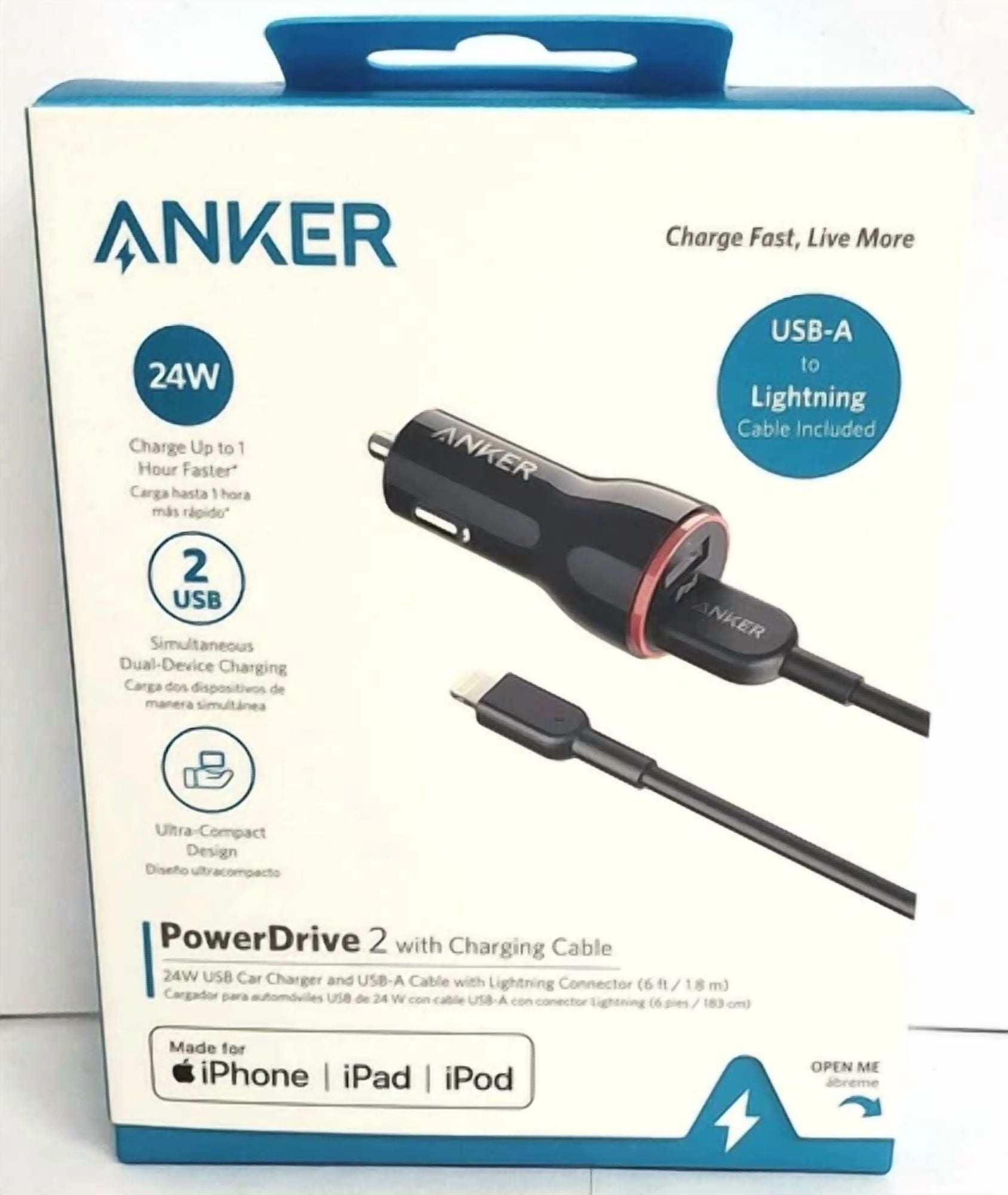 Anker Powerdrive 24W 2 Port With 6Ft Usb-A - Mfi-Certified Lightning ...